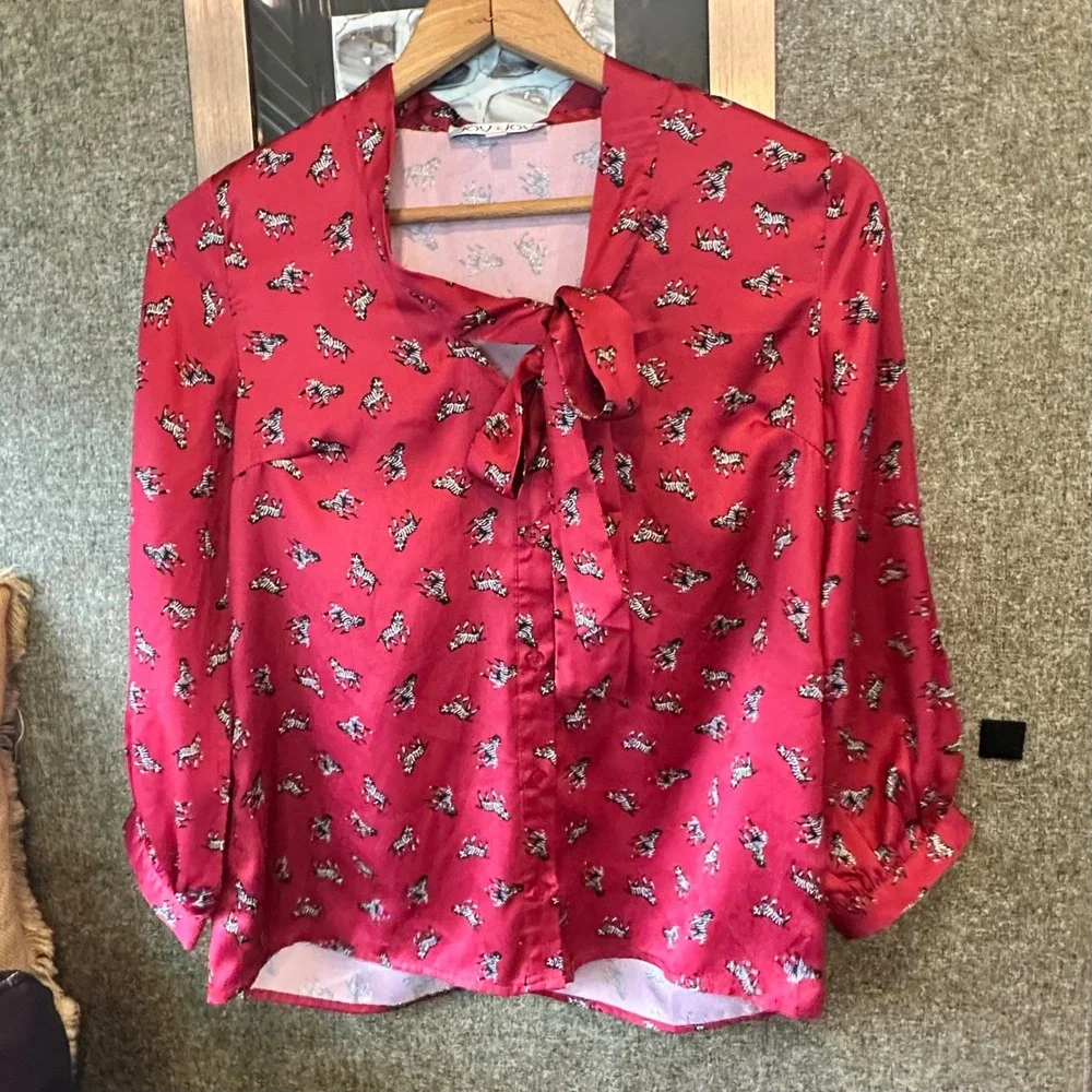 Joy Joy | Tops | Joy Joy Red Zebra Print Tie Neck Satin Blouse Womens S ...